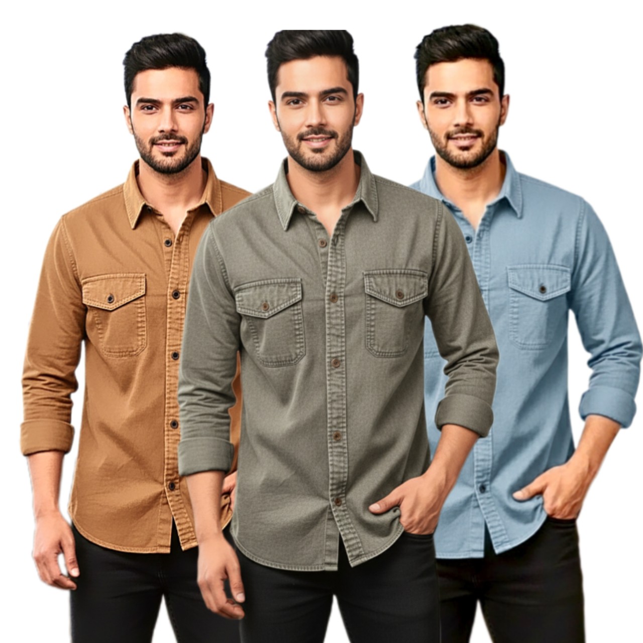 3 pcs Export Quality Double poket Denim shirt || 2316